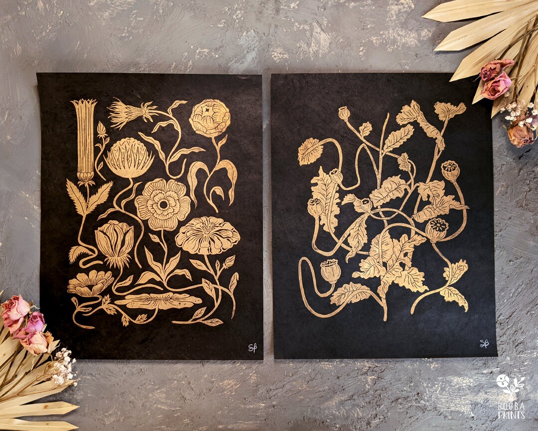 Handmade Linocut Series Floral Designs in Metallic Gold - Etsy