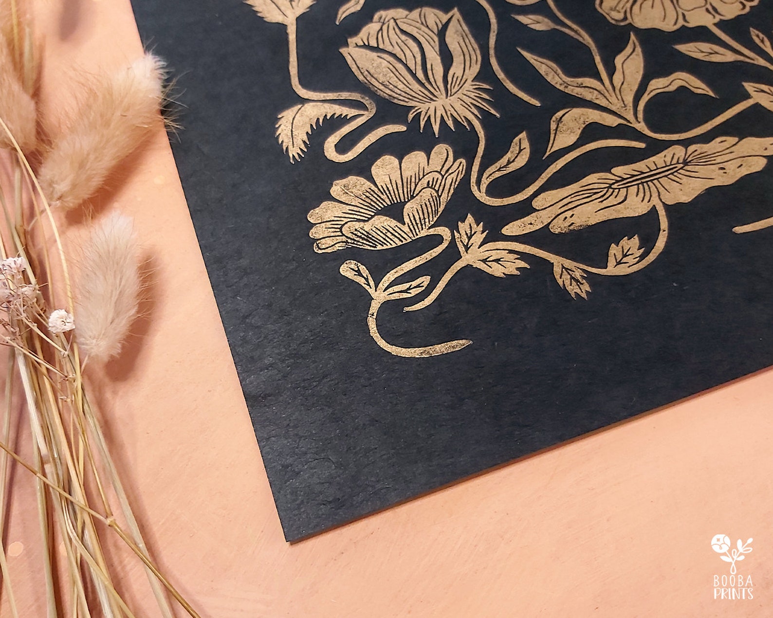 Gold Floral Linocut Print, Black Lokta Paper, Handmade Home Decor - Etsy