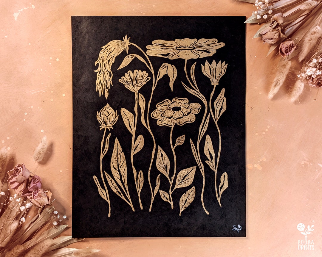 Golden Flowers #4 Handmade Linocut Print Floral Design in Metallic Gold ...