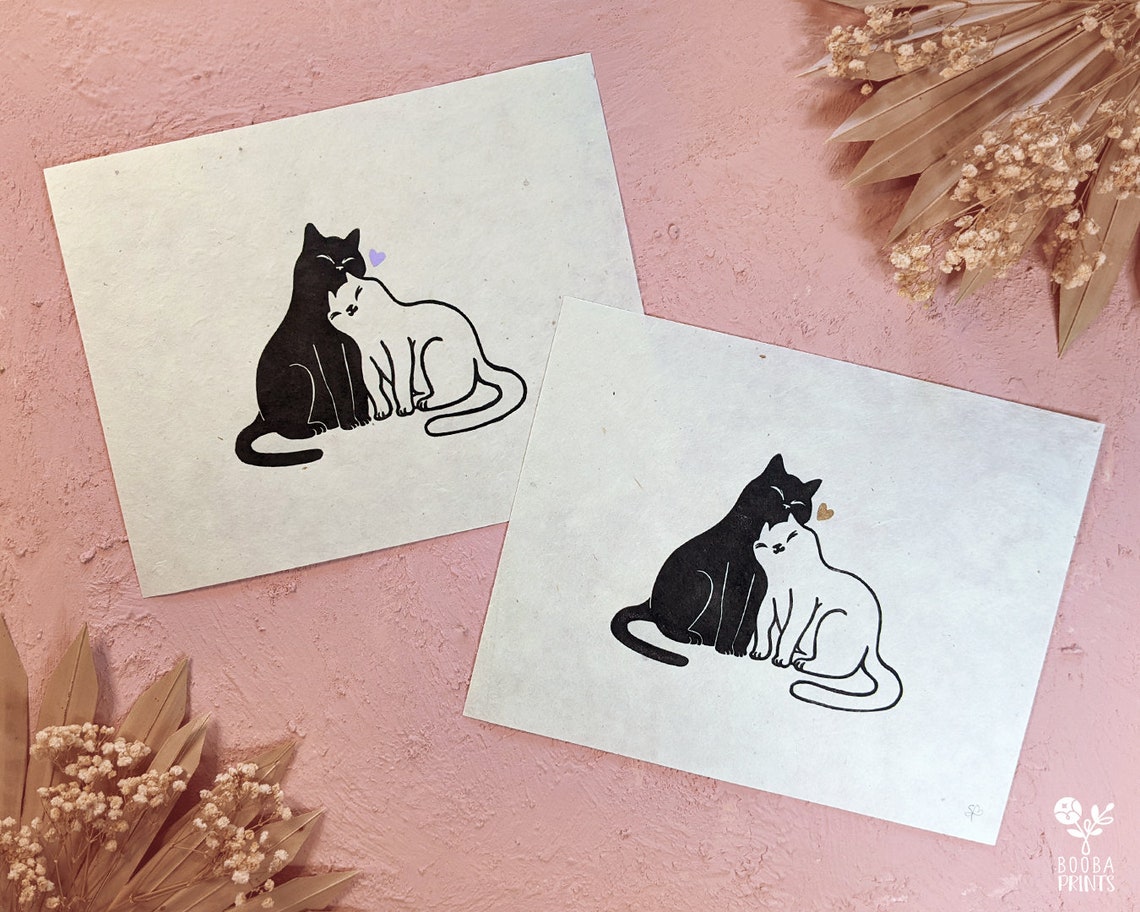 Handmade Original Linocut Print of Snuggly Cats unframed - Etsy Canada