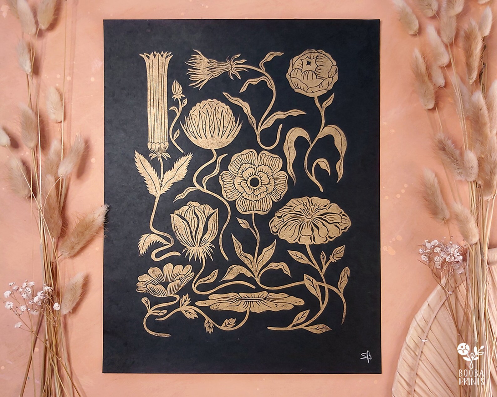 Gold Floral Linocut Print, Black Lokta Paper, Handmade Home Decor - Etsy