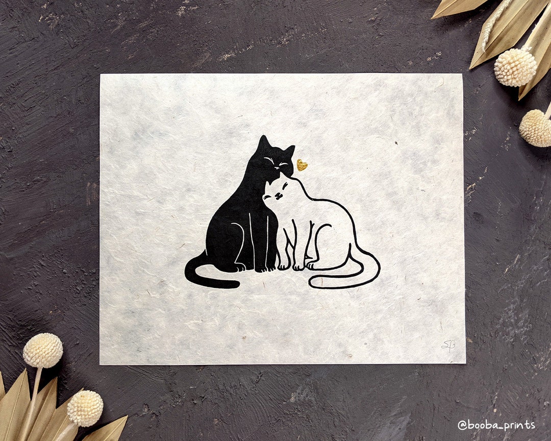 Handmade Original Linocut Print of Snuggly Cats unframed, Printed in ...