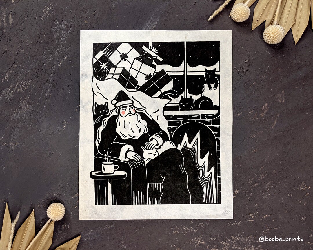 Santa Cat Person Original Linocut Print, Christmas Print for Home Decor ...