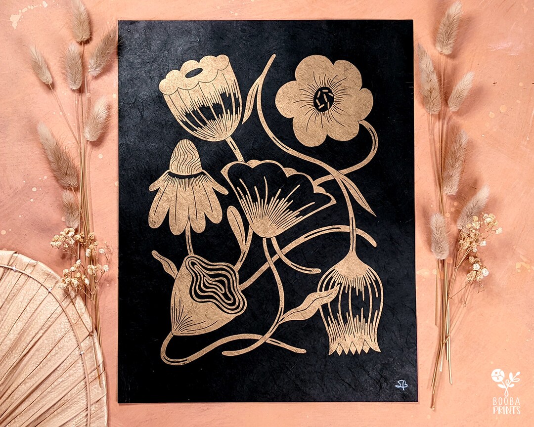 Golden Flowers 6 Original Linocut Print in Metallic Gold for - Etsy