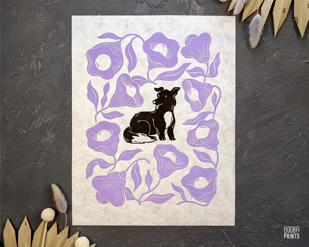 Dog Linocut Print, Handmade Botanical Dog Art With Purple Flowers, Original Printmaking, Animal ...