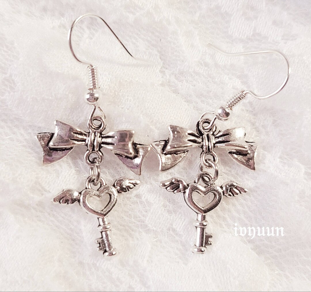Coquette Heart Key With Wings and Bow Silver Earrings - Etsy