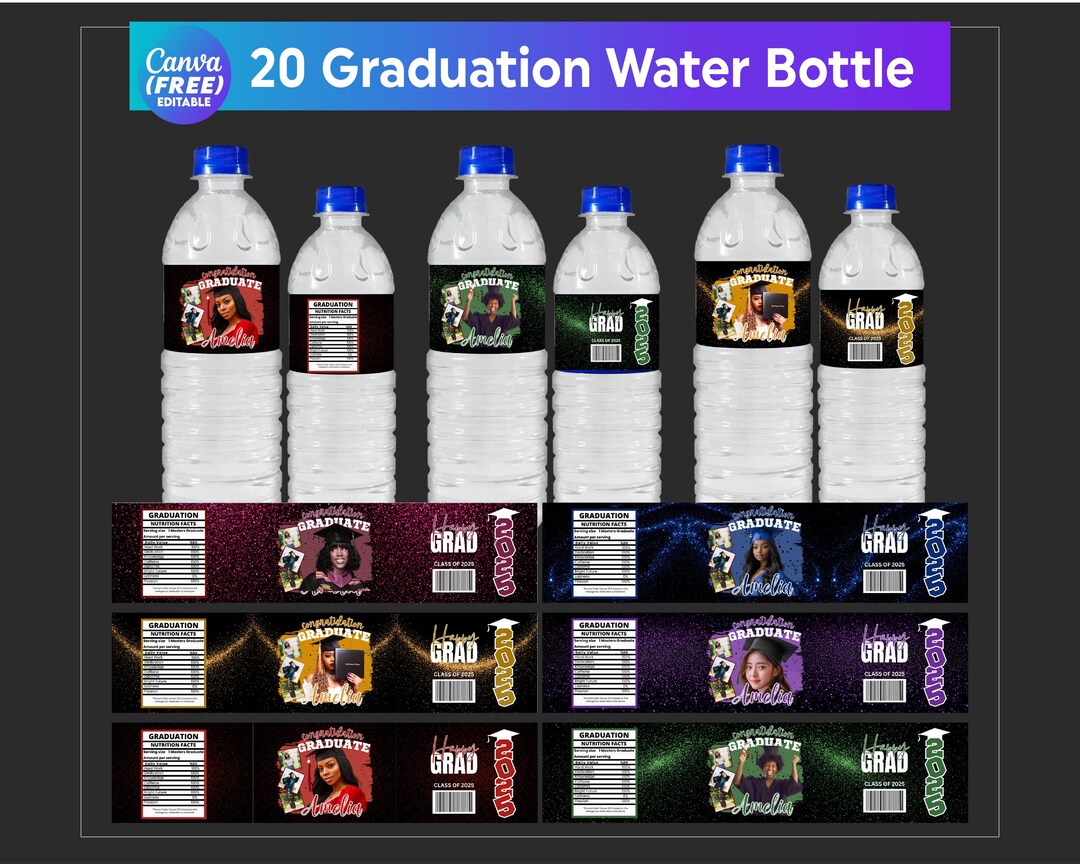 Graduation Water Bottle Labels Canva Template, Graduation Party Favor ...