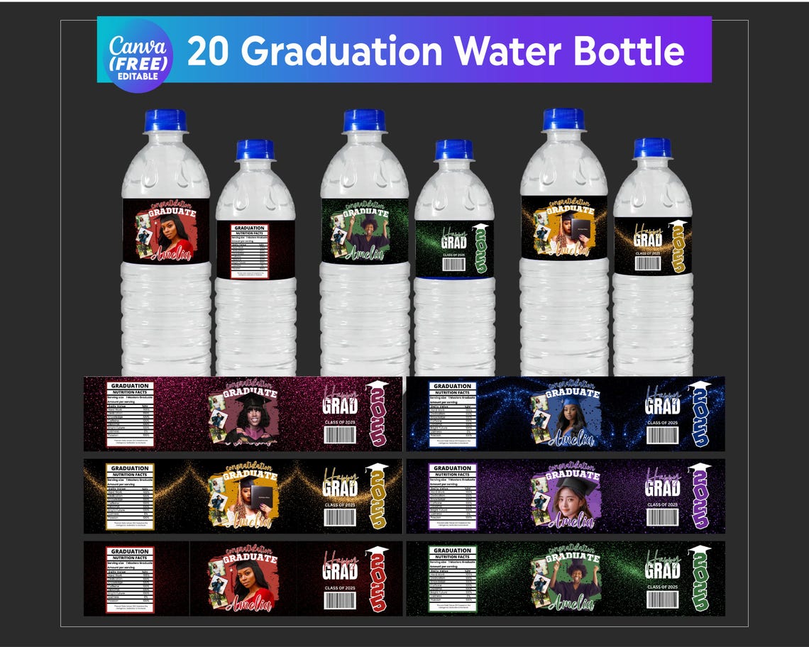 Graduation Water Bottle Labels Canva Template, Graduation Party Favor ...