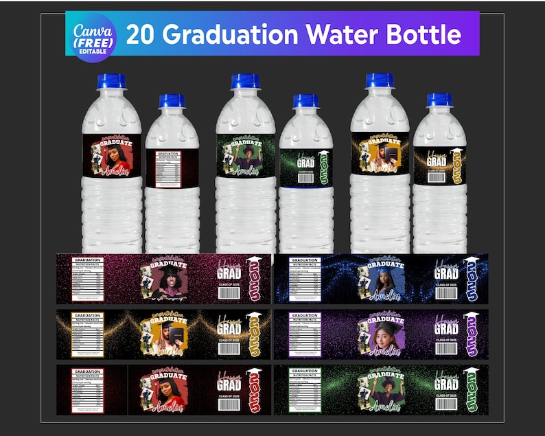 Graduation Water Bottle Labels Canva Template, Graduation Party Favor ...