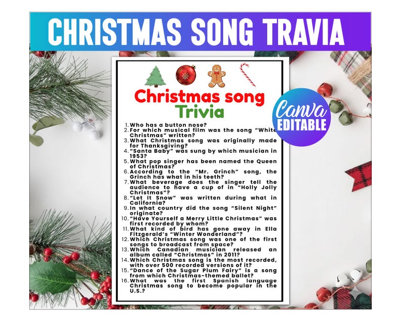 Christmas Song Trivia Game Printable, Kids & Adults, Christmas Music ...