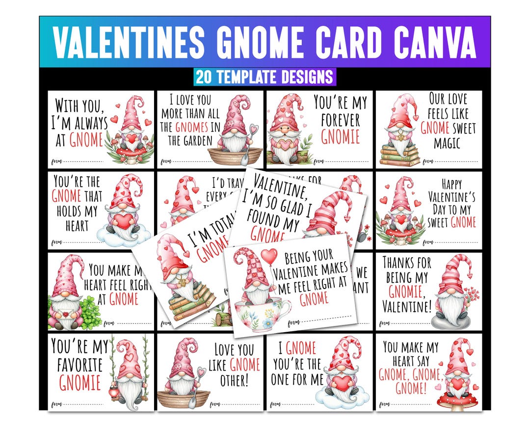 Editable Gnome Valentine's Day Cards Template, Printable Gnome ...