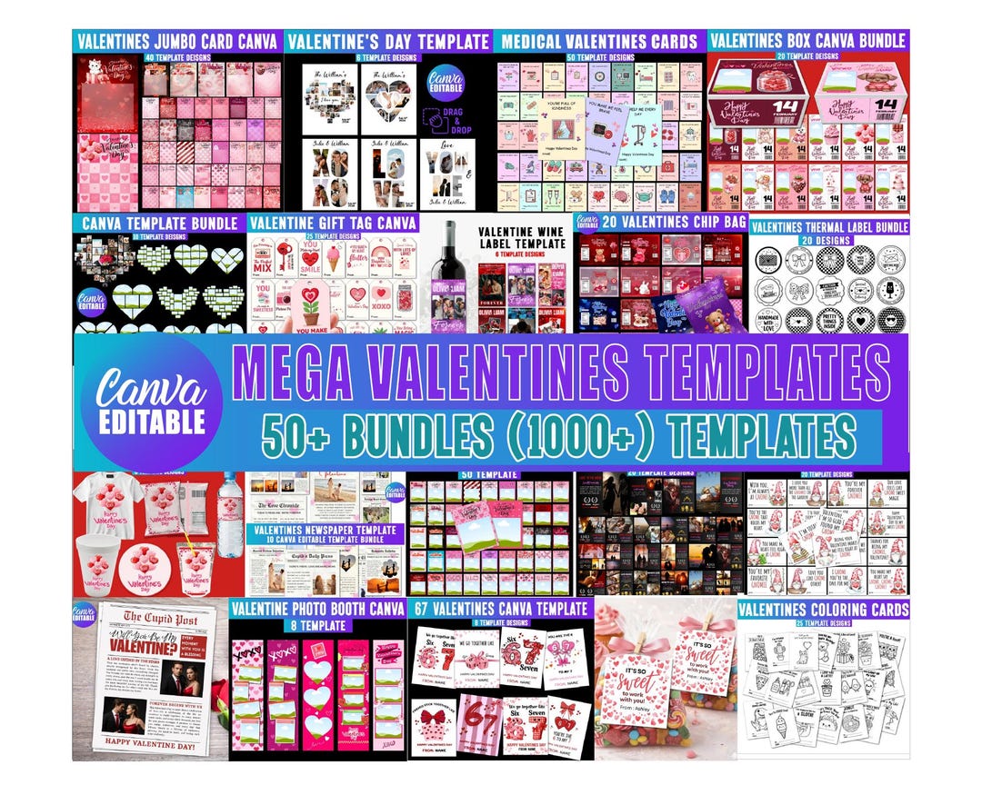 Valentine Mega Bundle Canva Editable Template, Printable Valentine ...
