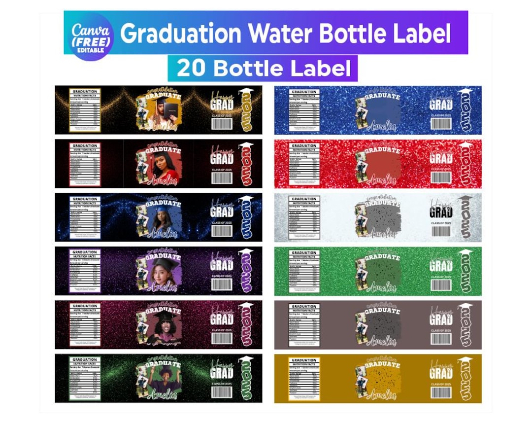 Graduation Water Bottle Labels Canva Template, Graduation Party Favor ...