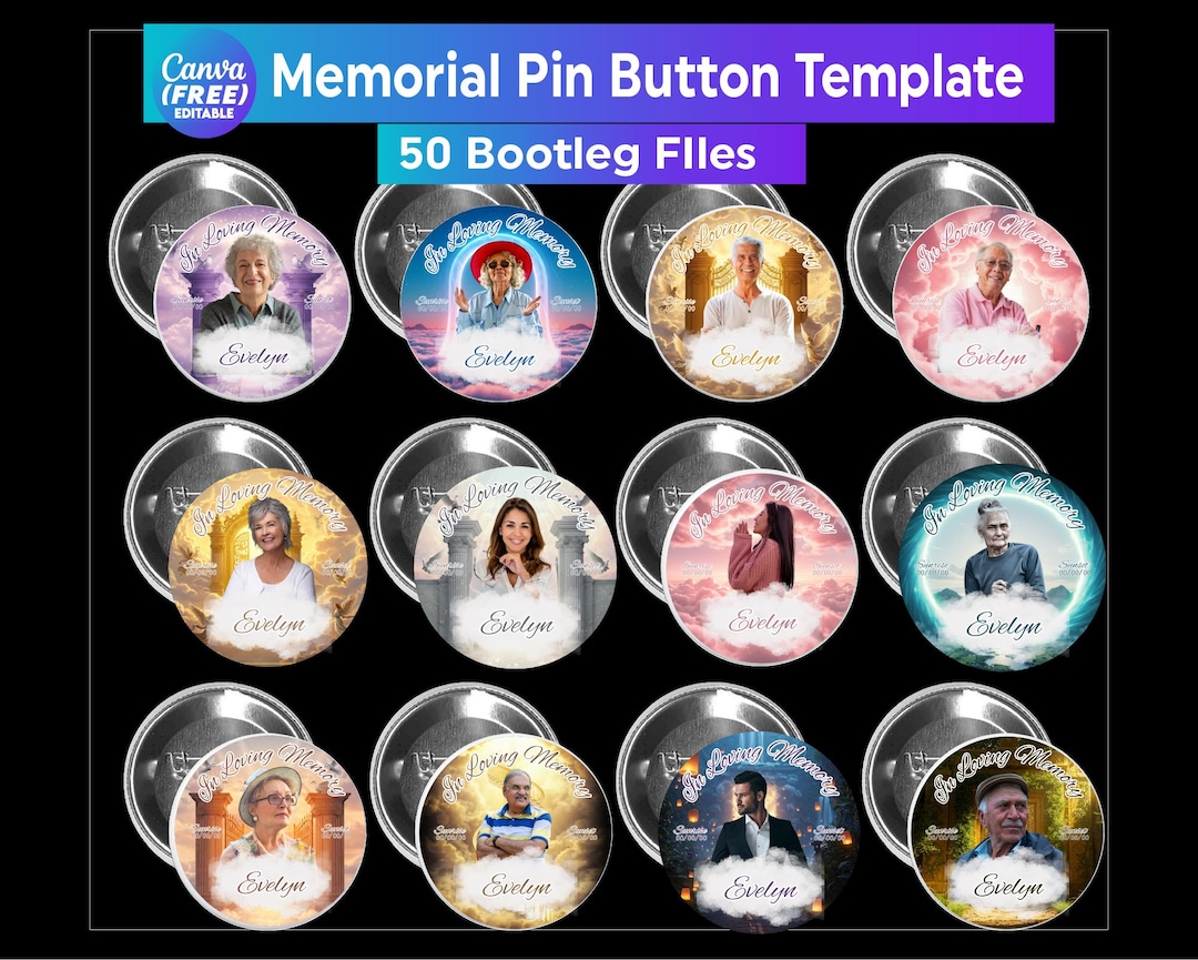 50 Memorial Pin Button Template, Funeral Button Favors, in Loving ...