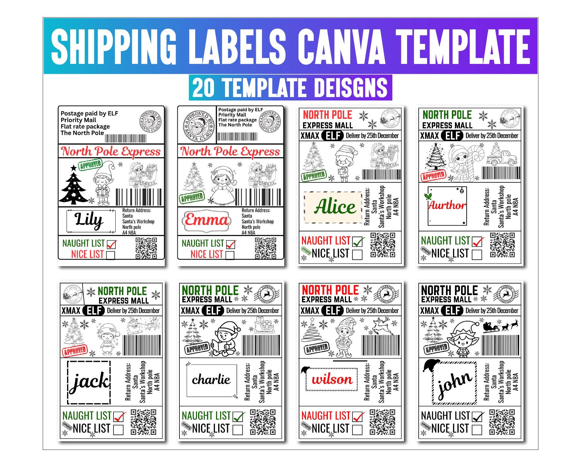 Christmas Shipping Label Canva Template Bundle, Christmas Novelty ...