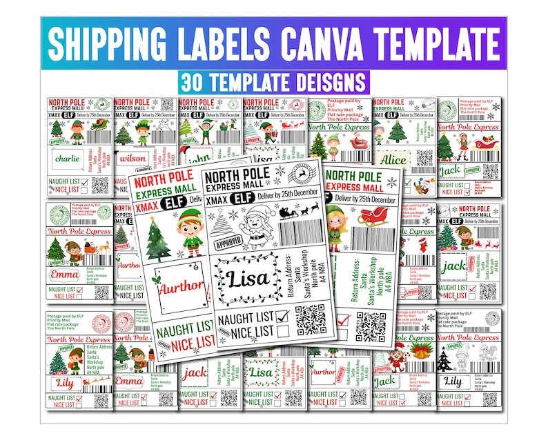 30 Christmas Shipping Label Canva Template Bundle, Christmas Novelty ...
