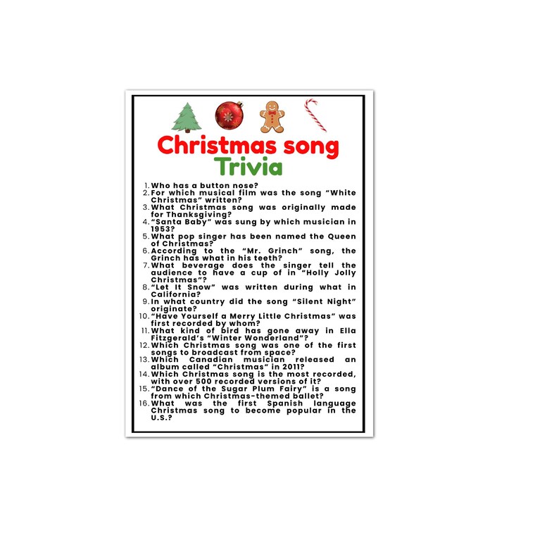 Christmas Song Trivia Game Printable, Kids & Adults, Christmas Music ...