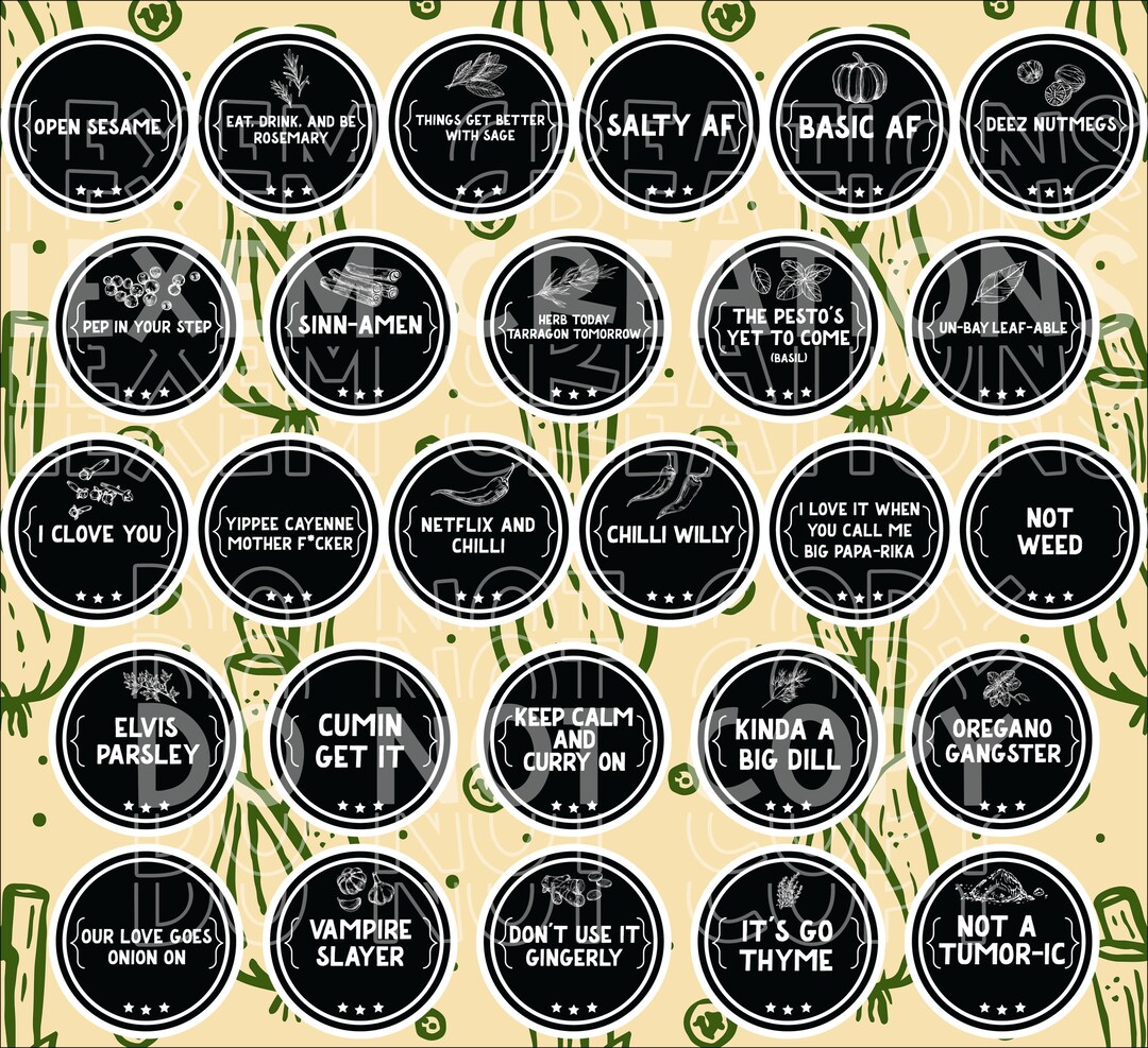 27 Funny Custom Spice Label Jar Stickers / Turmeric / Parsley / Garlic ...
