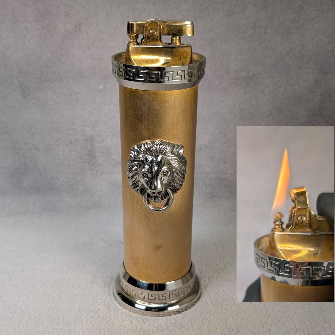 Vintage Pillar Style Table Lighter, Lion Head Bust - Gold With Silver ...