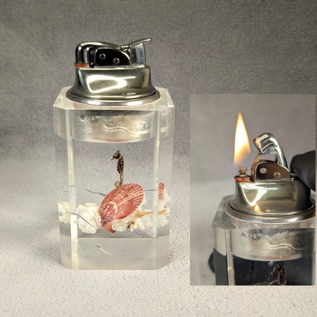 Midcentury Evans Aquarium Table Lighter - Lucite Seascape Base, Epoxy ...