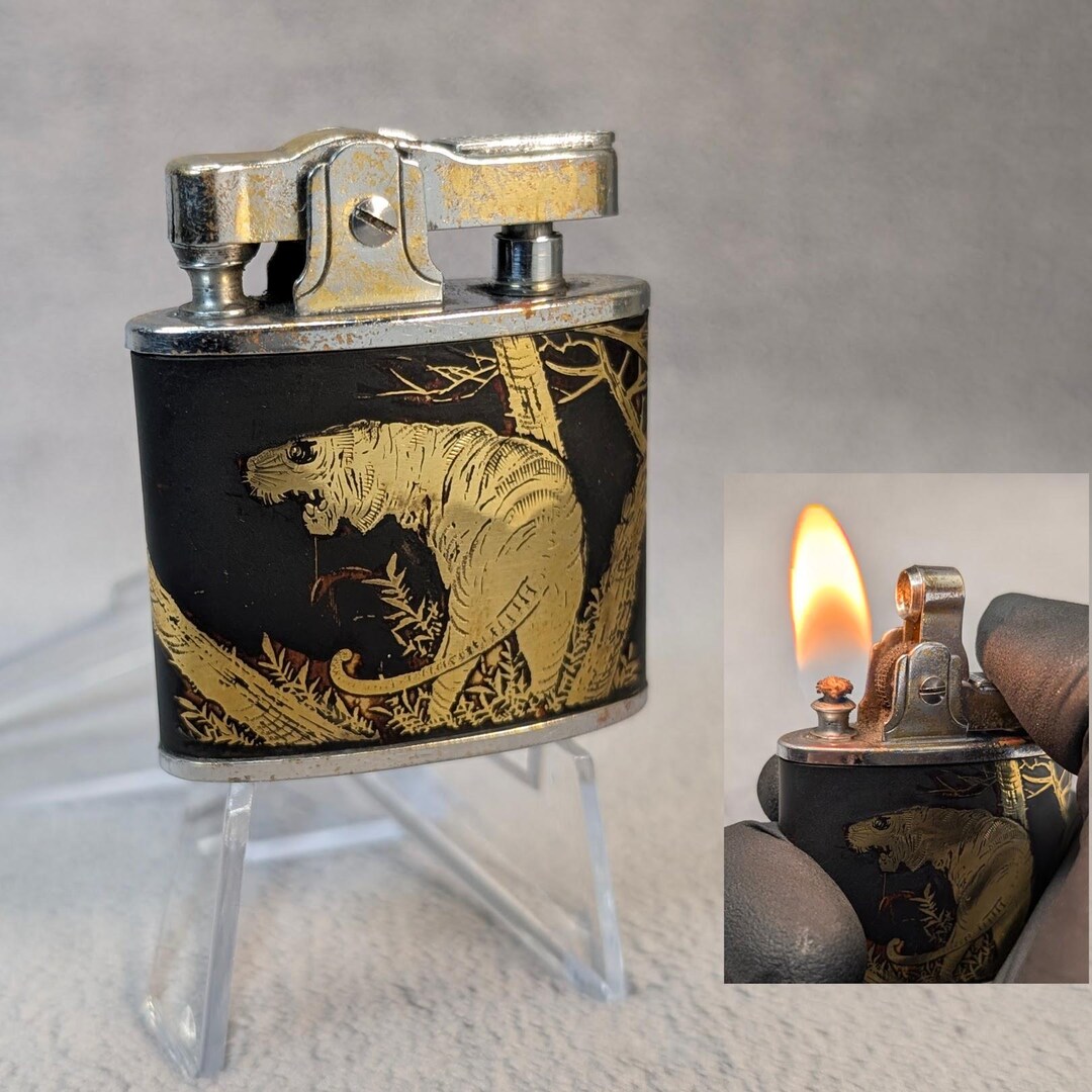 Rare Damascene Style Prince Lighter - Prowling Tiger, Japanese Forest ...