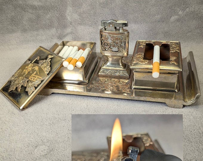 Vintage Japanese Smoking Set - Table Lighter, Ashtray, Cigarette Case ...