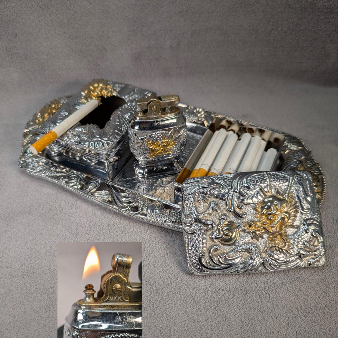 Rare Japanese Smoking Set - Polished Silver, Gold - Cigarette Box ...