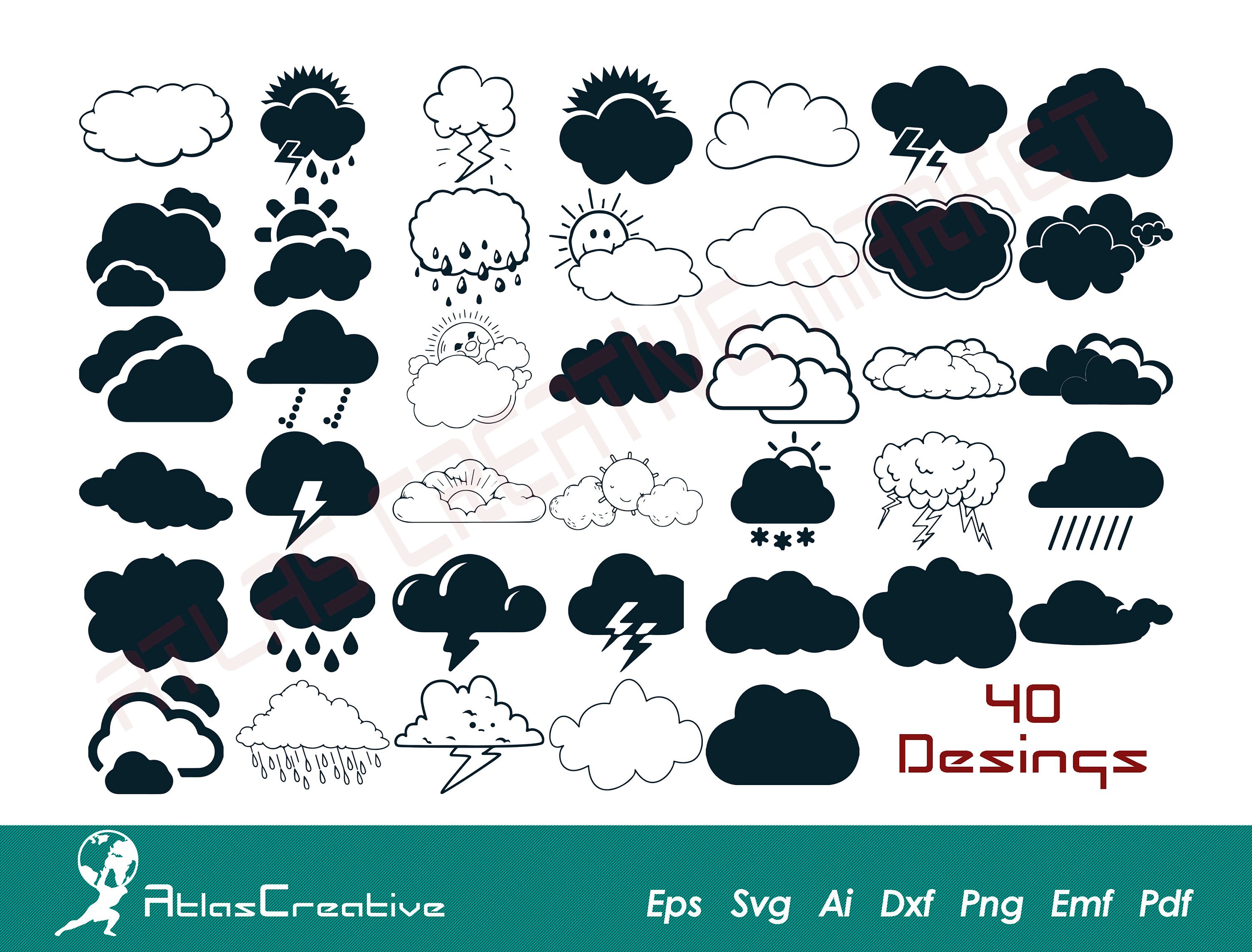 Cloud Svg (40) Bundle, Rain Clouds Vector, Sun Cloud Silhouette, Partly ...