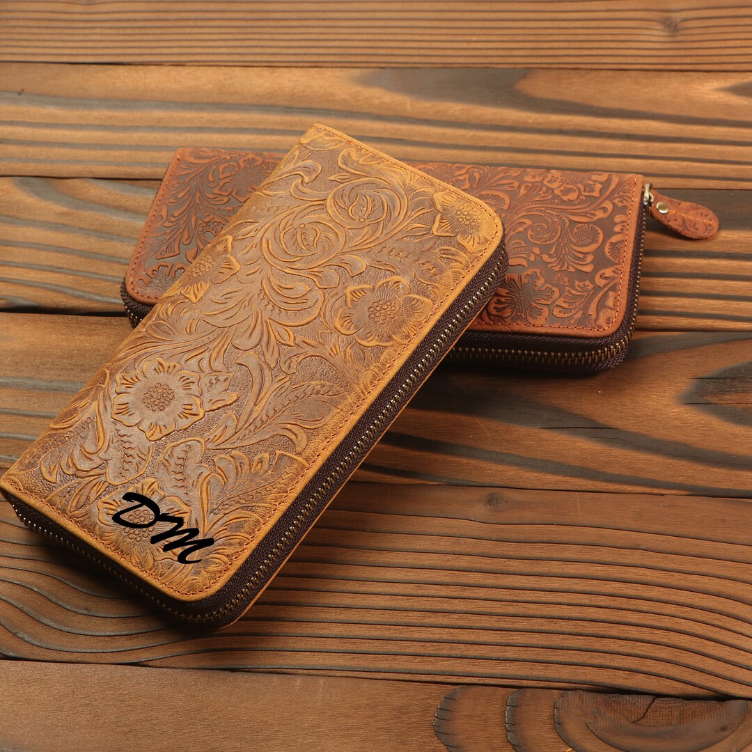 Personalized Leather Wallets, Long Purse With Emboss, Zippered Wallet ...