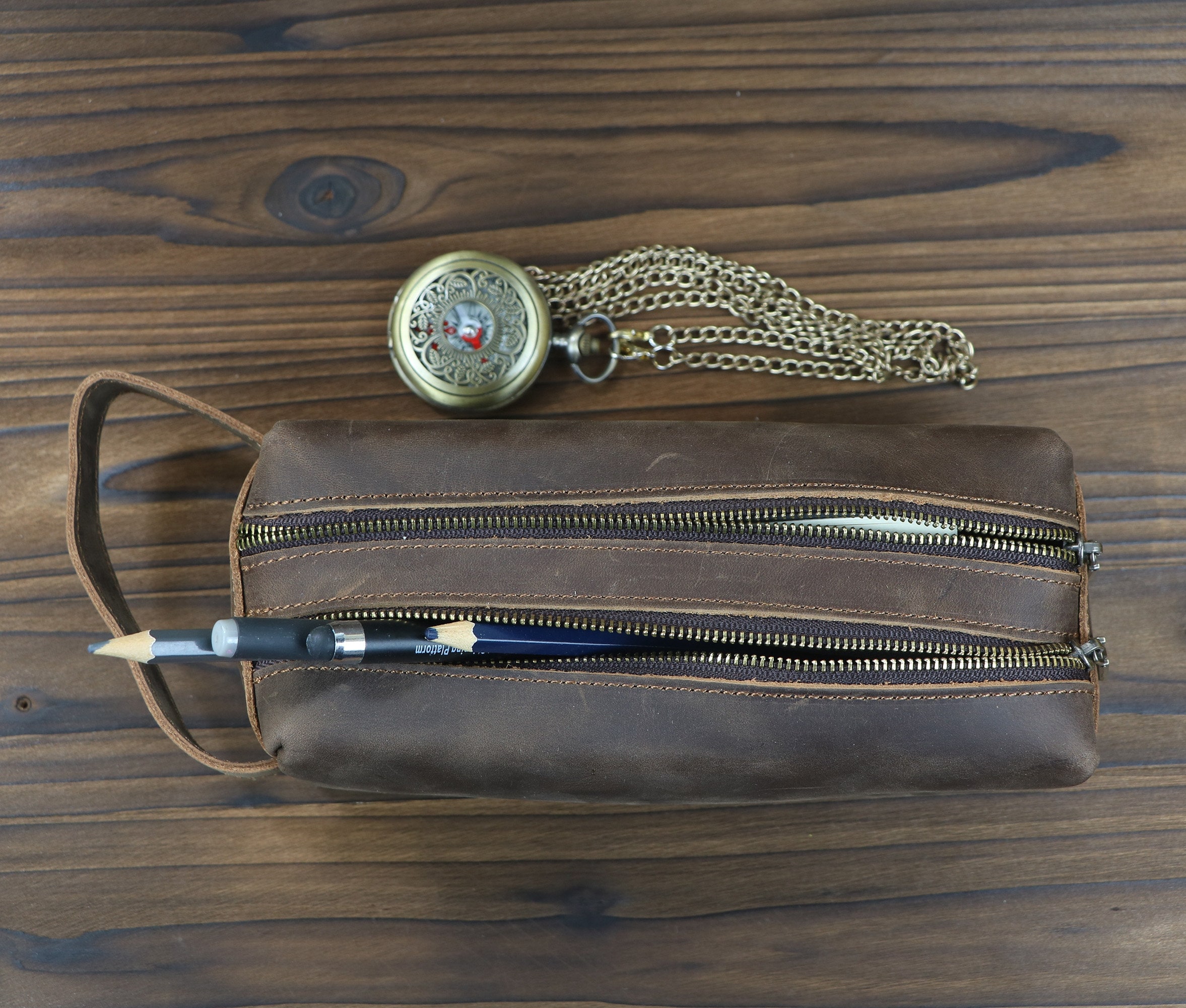 Personalized Pen Case Double Zipper Leather Pencil Bag Pen - Etsy