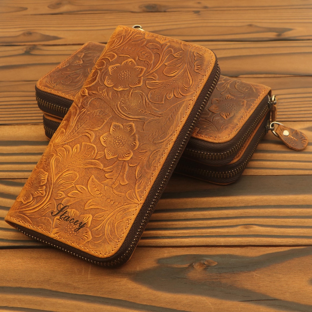 Personalized Long Leather Wallets, Long Slim Wallets With Zipper, Long ...