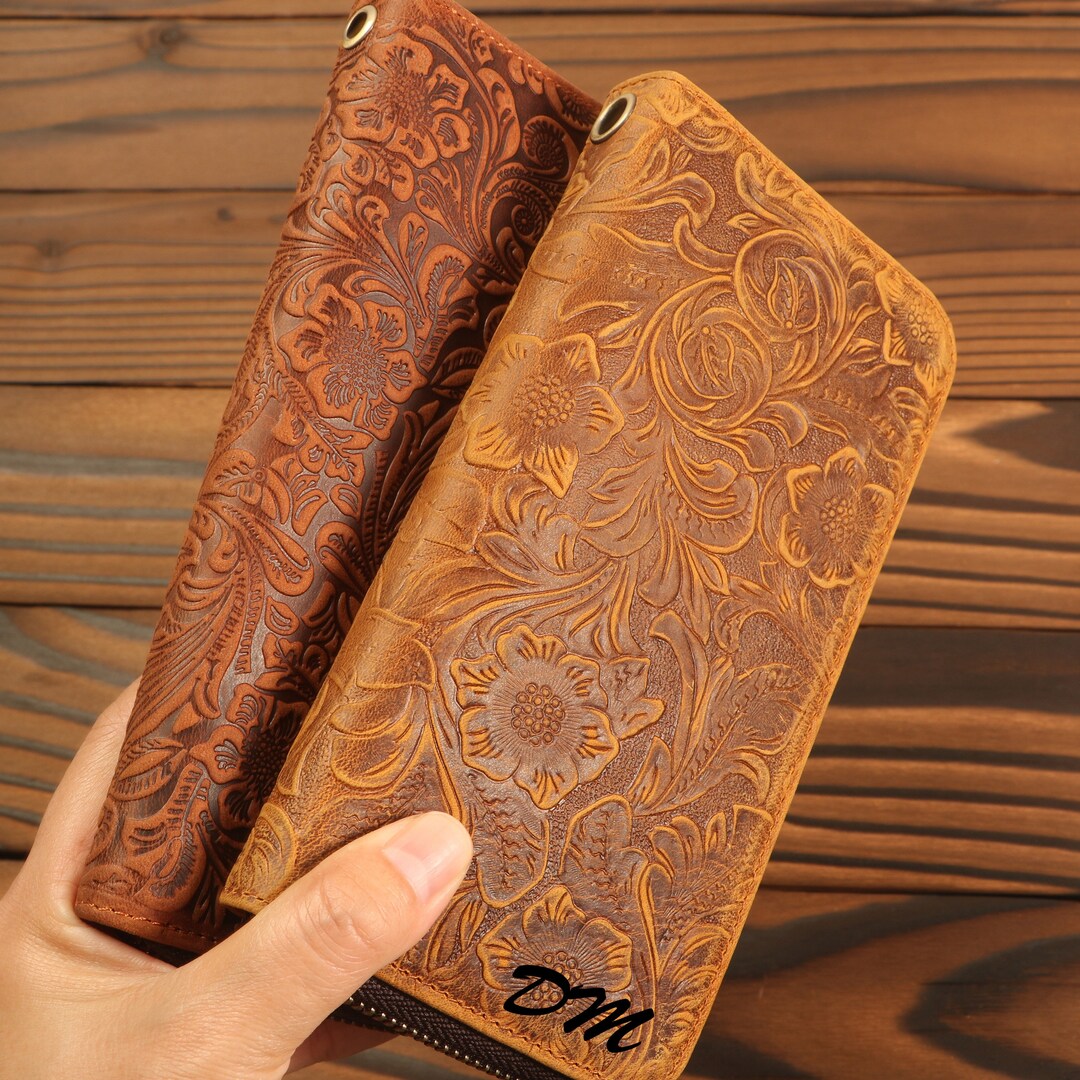 Personalized Leather Wallet for Woman, Long Zippered Embossed Leather ...