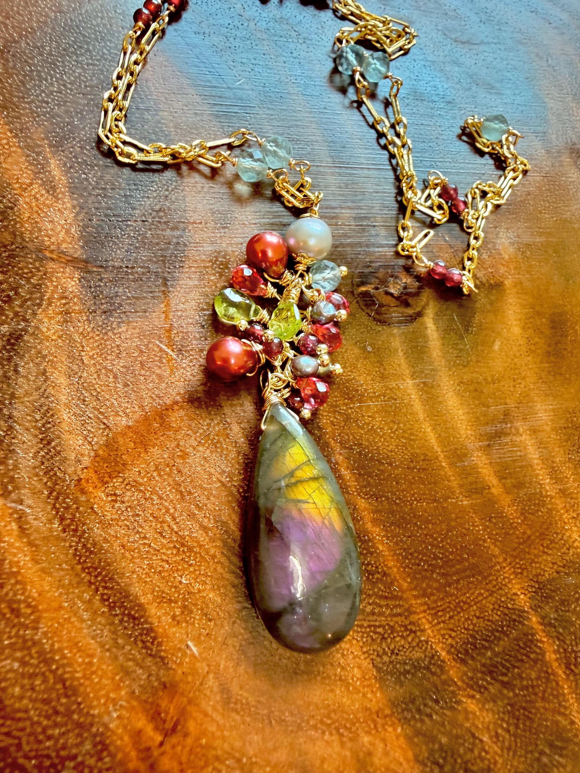 Spectrolite 14k Gold Filled Necklace With Garnet, Pearl & Quartz - Etsy