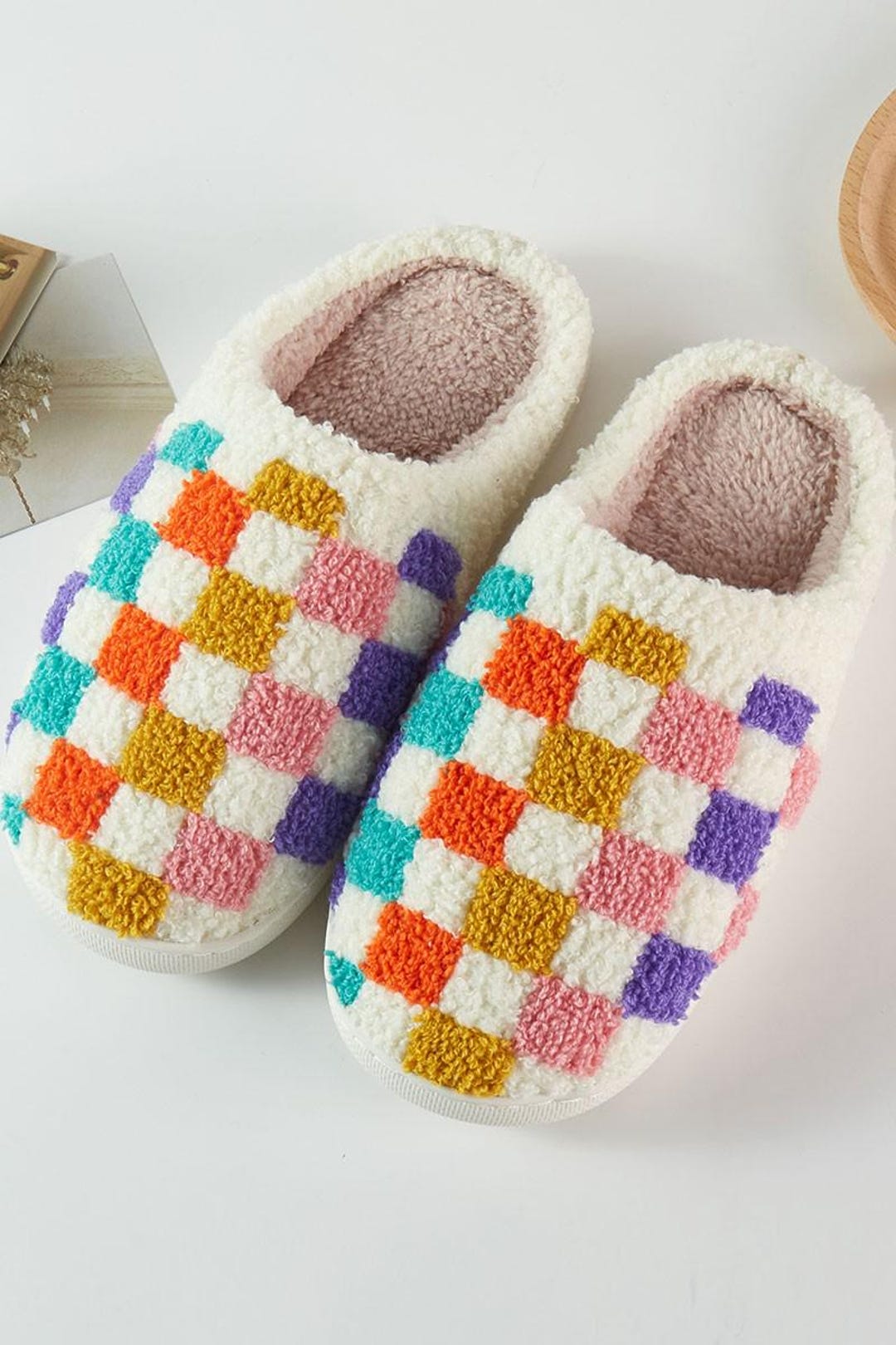 Vintage Checkered Fuzzy House Slippers Comfy Slides Funky Groovy 70's ...