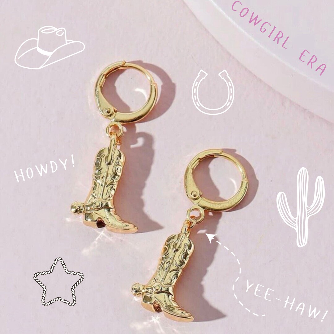 Gold Cowboy Boot Huggies Handmade Funky Groovy Bold Statement Earrings ...