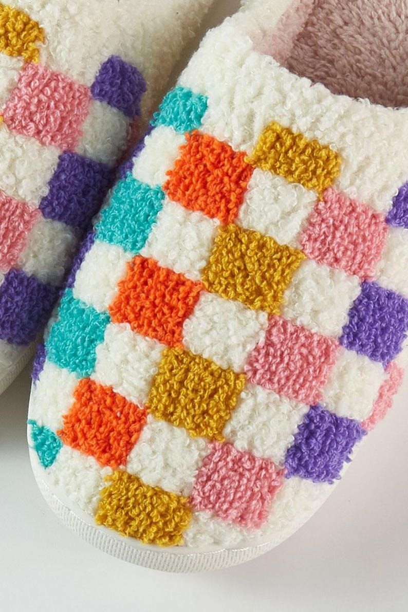 Vintage Checkered Fuzzy House Slippers Comfy Slides Funky Groovy 70's ...