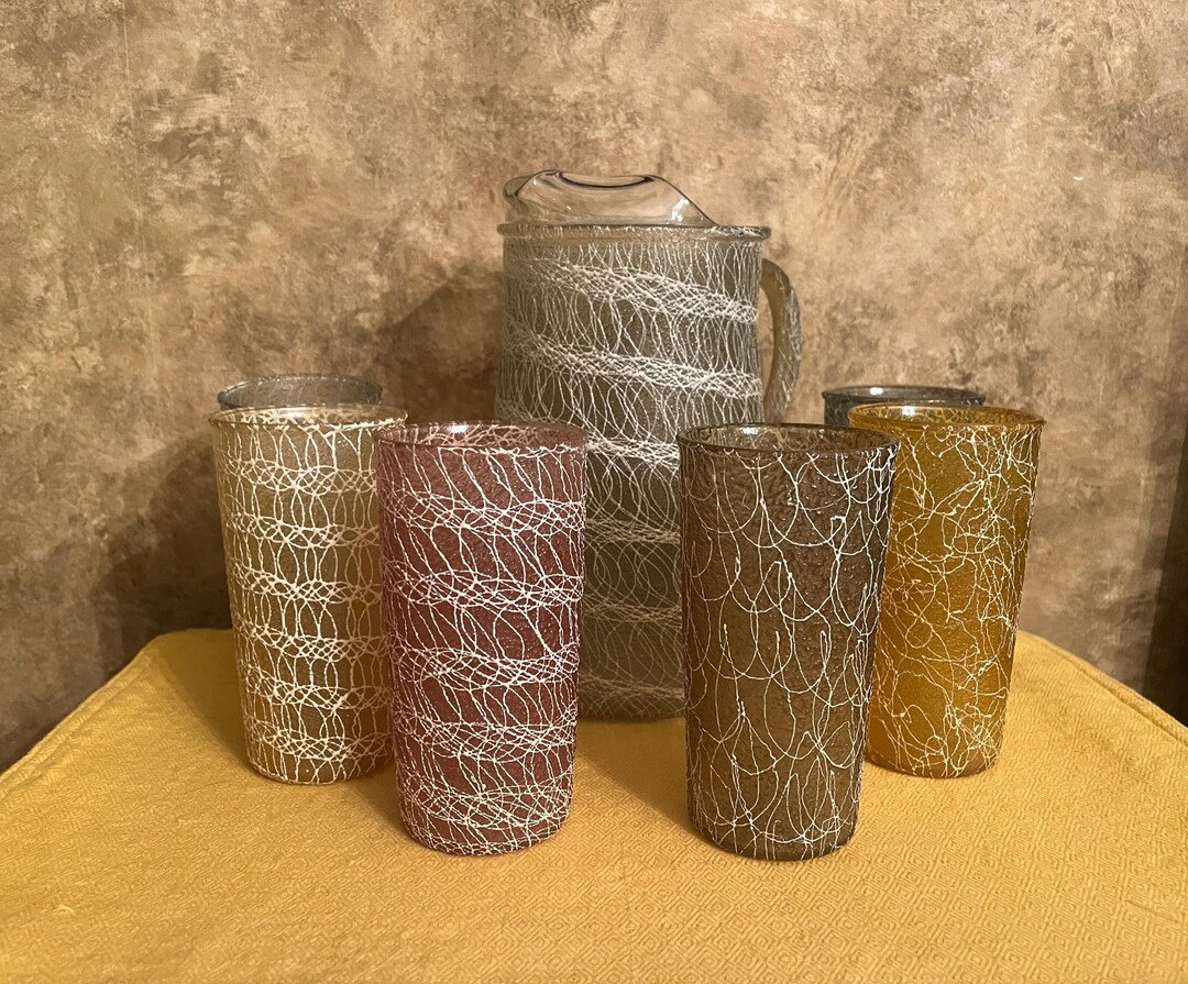 Vintage MCM Spaghetti String Pitcher and 6 Glass Set - Etsy
