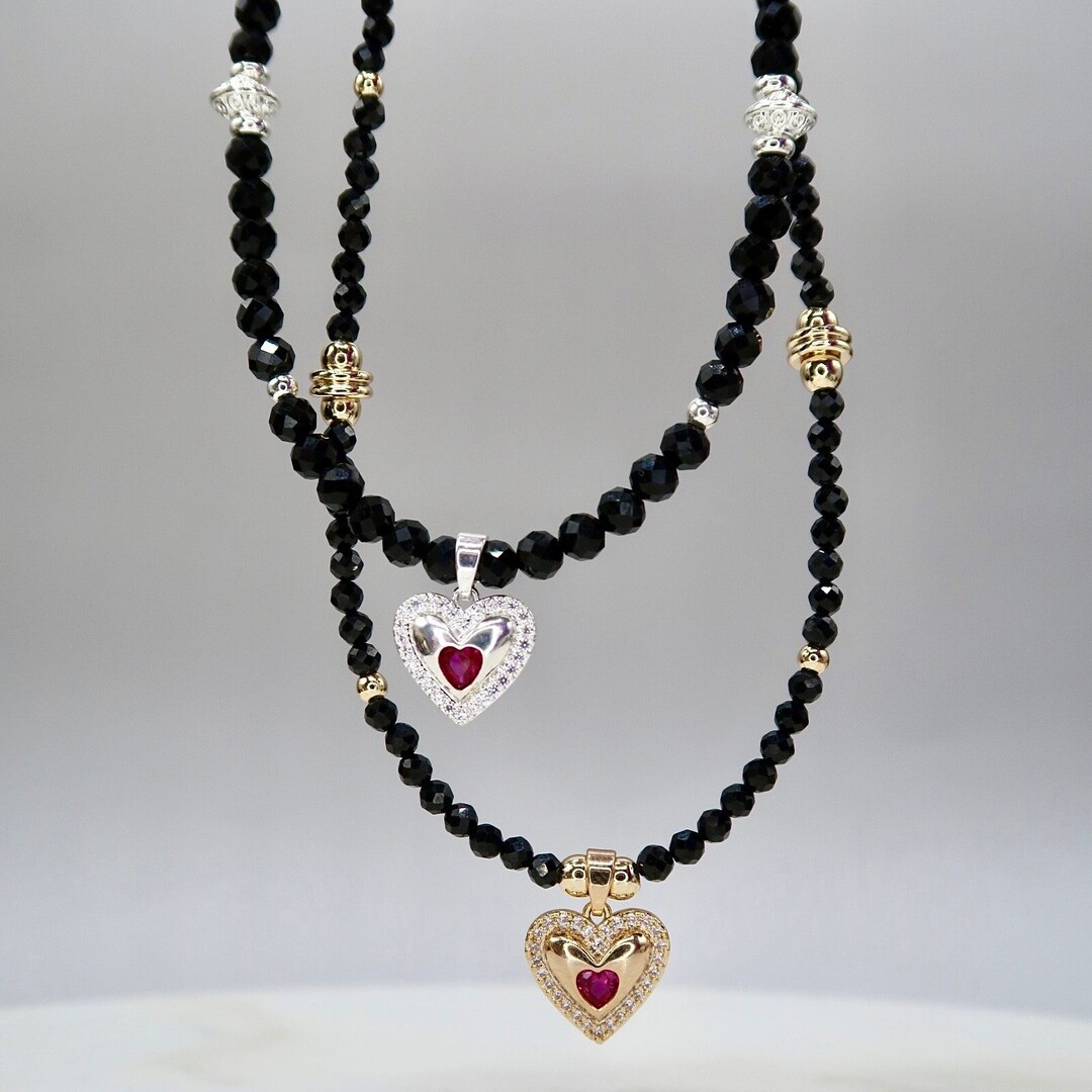Black Spinel Necklace With Heart Pendant, Gold / Silver Black Spinel ...