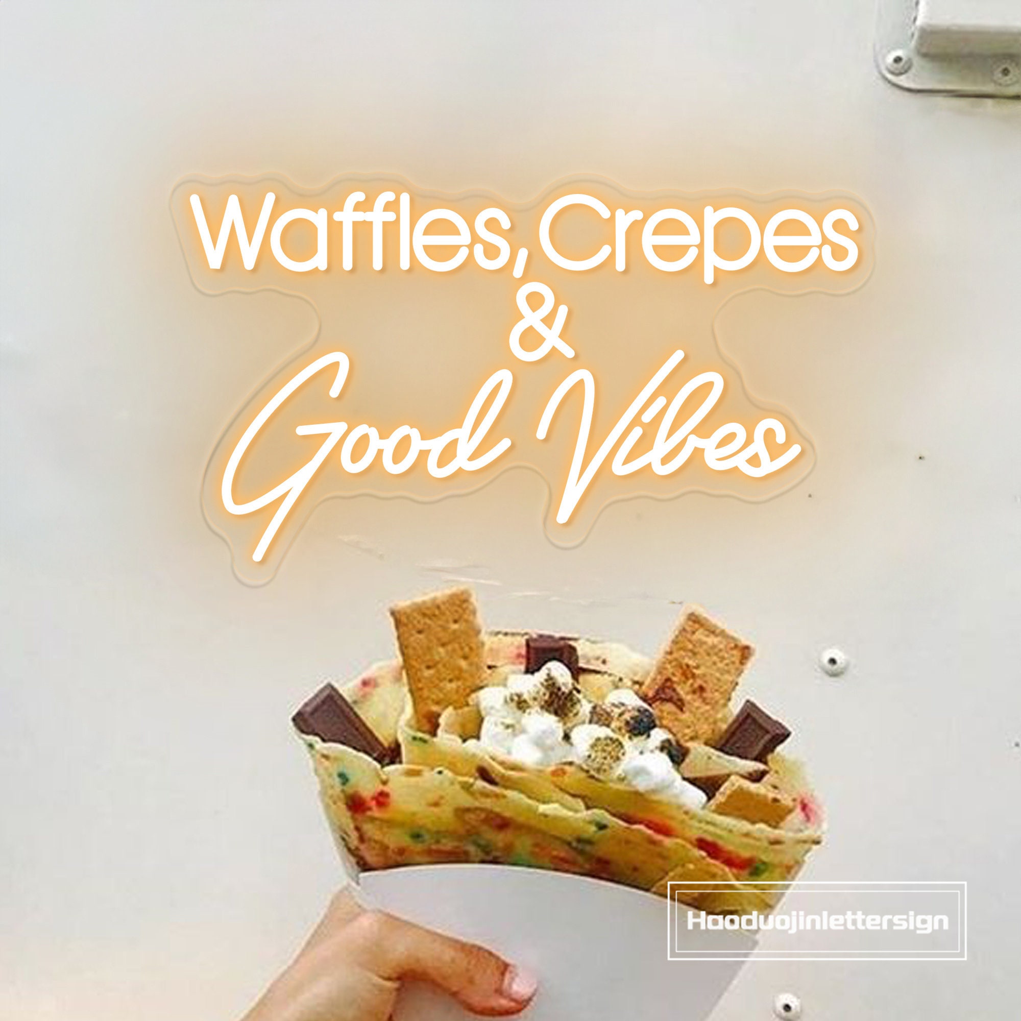 Waffles, Crepes & Good Vibes Neon Sign, Custom Cake Bakery Shop Crepes ...