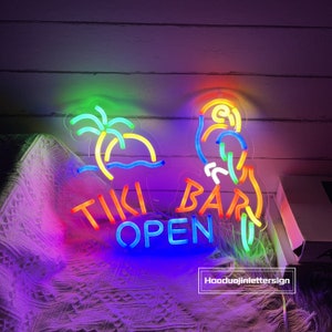 Tiki Bar Open, Custom Bar Palm Tree LED Neon Sign Night Light Home Wall ...