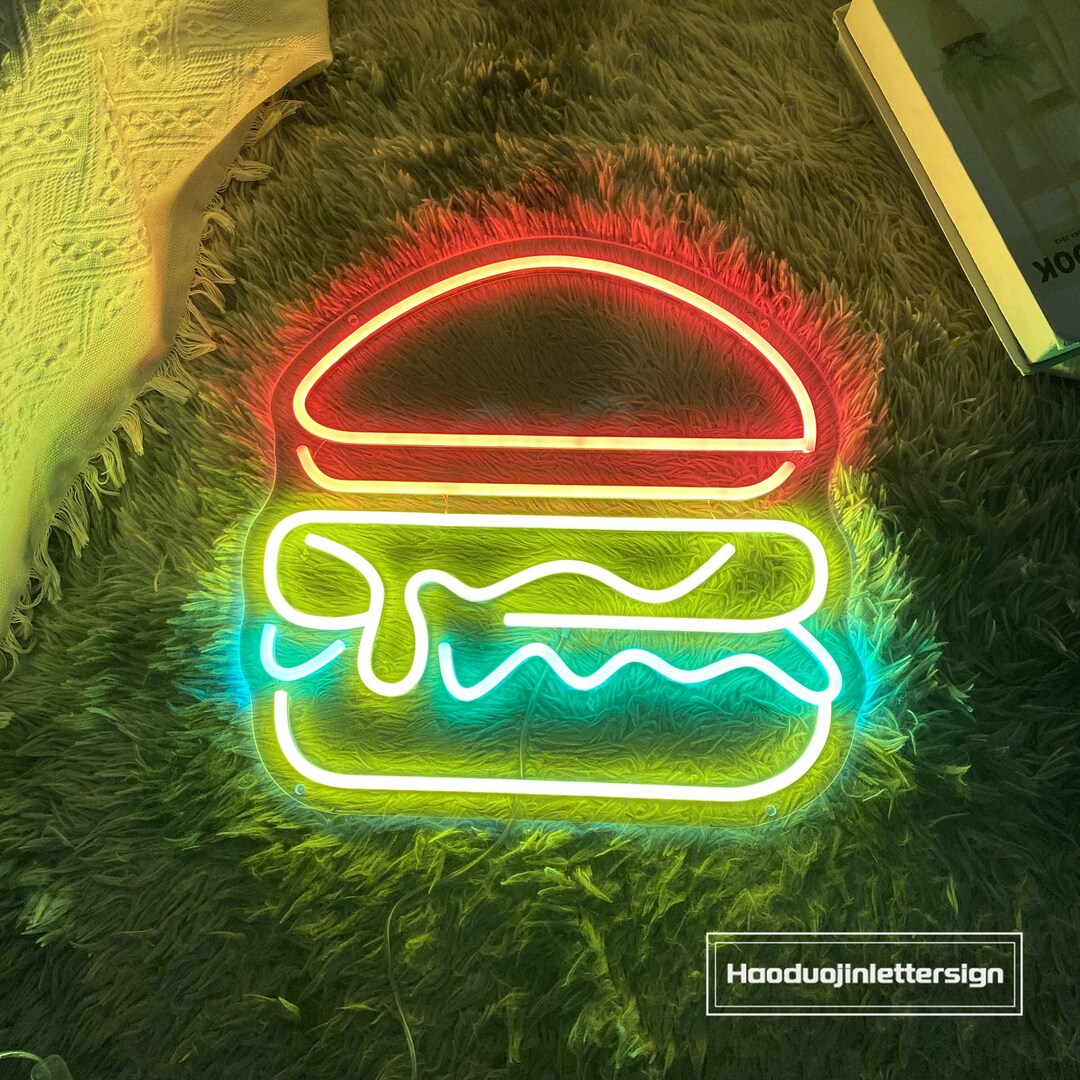 Burger Neon Sign, Custom Hamburger LED Neon Night Light up Sign Home ...