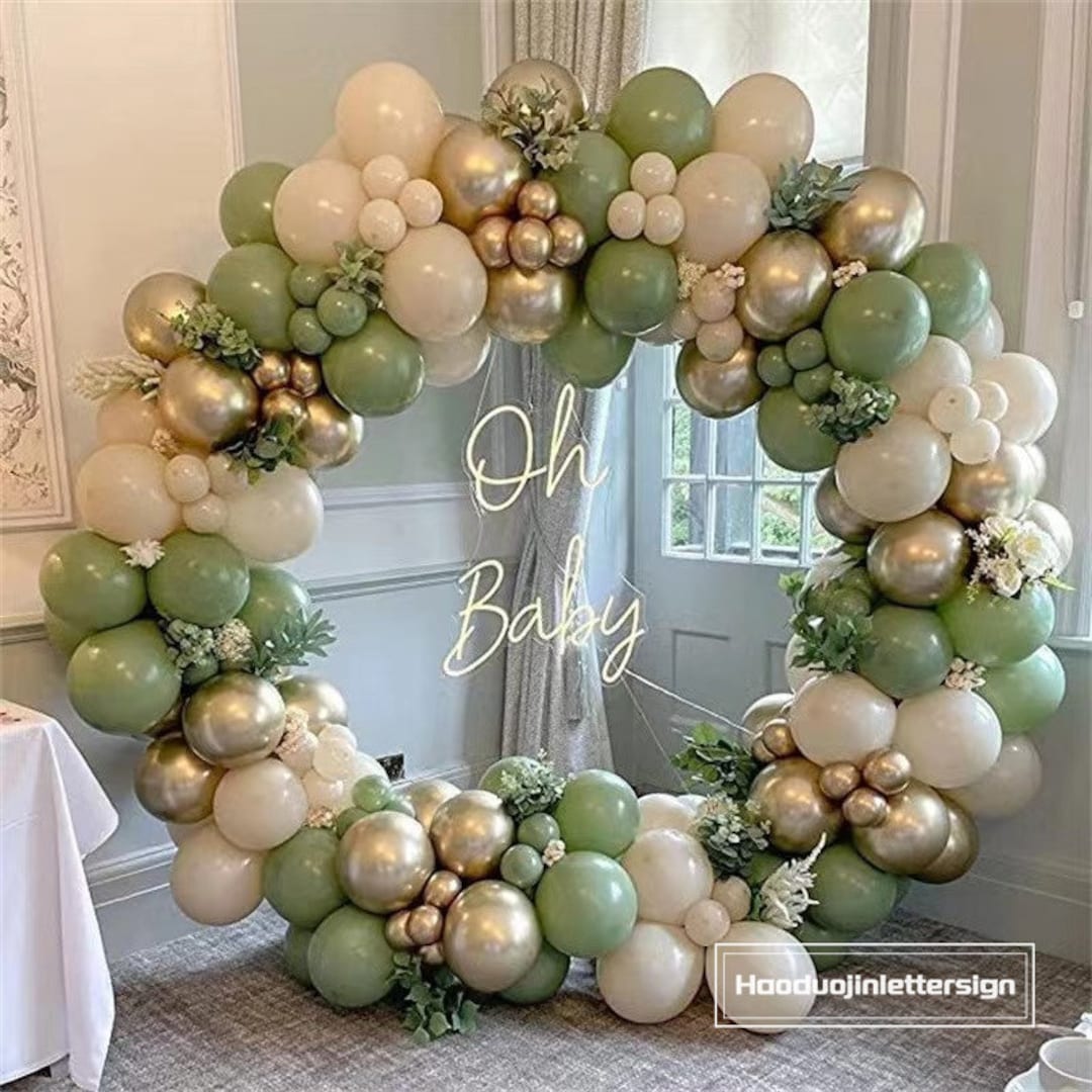 153PCS Sage Green White Gold Balloon Garland Beige Sand Metallic Balloons Arch Kit Baby Shower ...