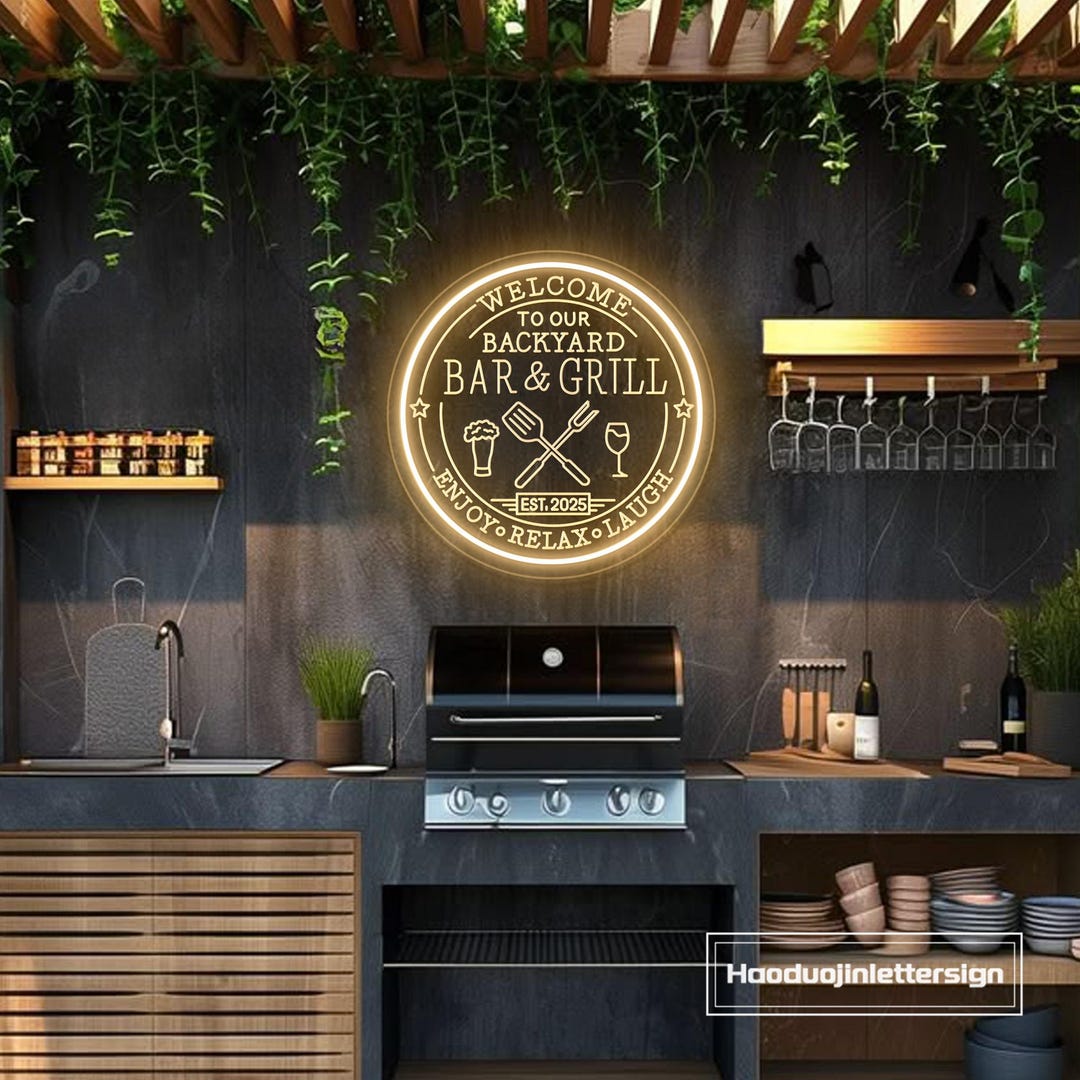 USB 3D Engraved Bar & Grill LED Neon Sign, Custom Backyard Barbeque ...