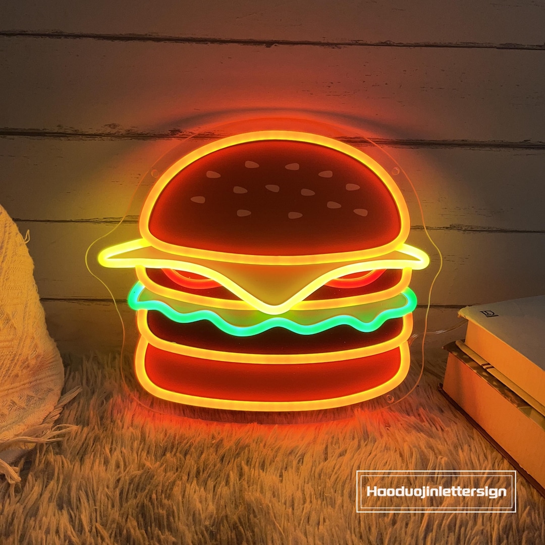 Burger LED Neon Sign: Custom UV Printed Hamburger Light - Etsy