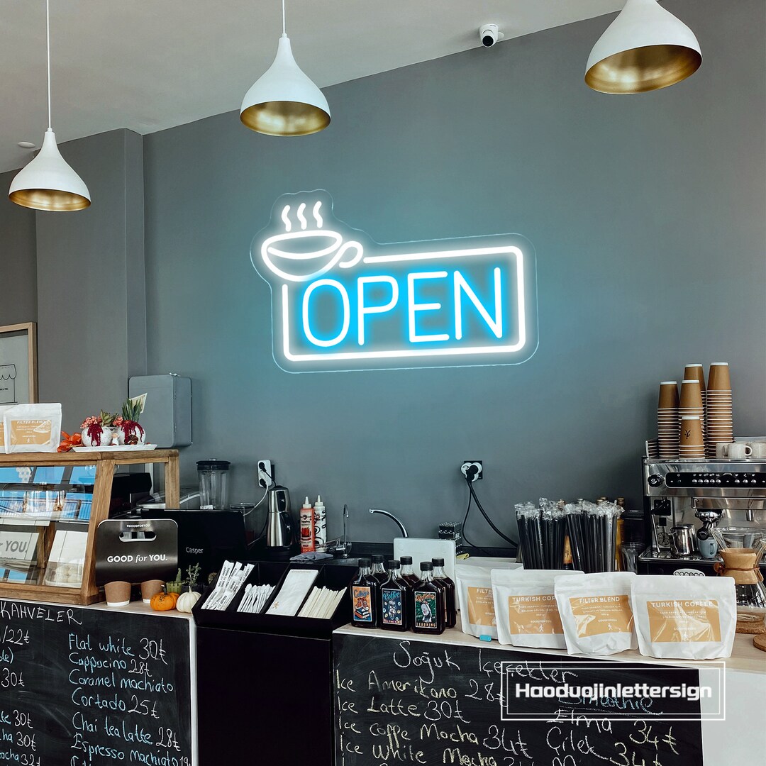 Coffee Cup OPEN Neon Sign, Custom Coffee Bar Cafe Shop LED Neon Light ...