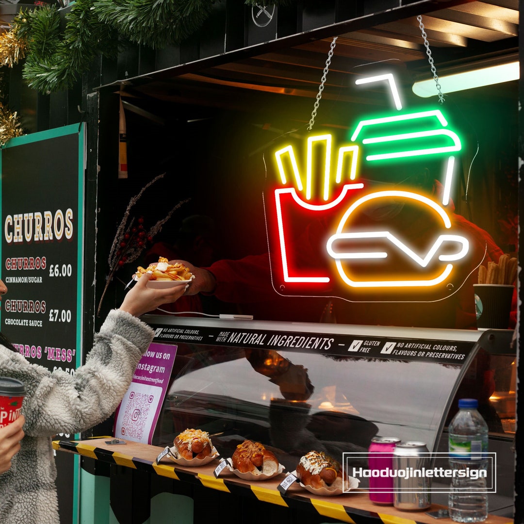 Burger Fries Drinks Neon Sign, Custom Burger Restaurant LED Sign Night ...