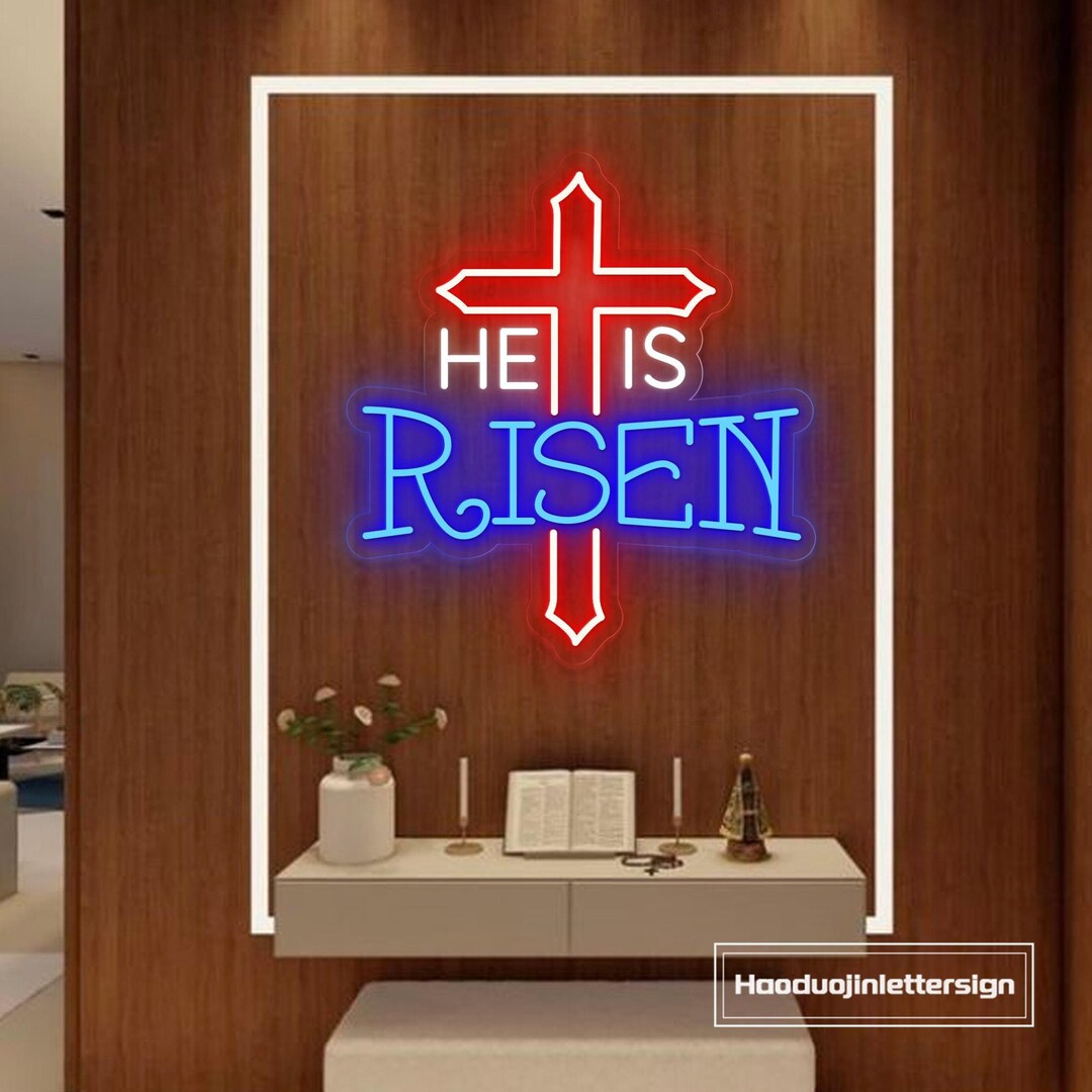 He is Risen Neon Sign, Custom Jesus Cross Easter Day Room LED Neon ...