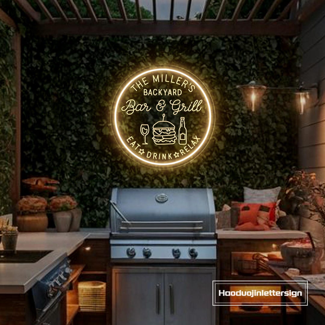 USB 3D Engraved Bar & Grill LED Neon Sign, Custom Backyard Kitchen BBQ ...