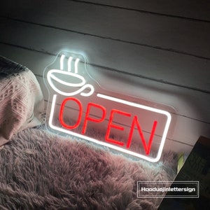Coffee Cup OPEN Neon Sign, Custom Coffee Bar Cafe Shop LED Neon Light ...