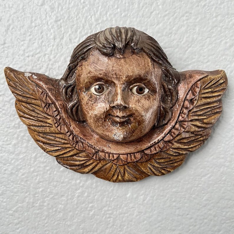 Antique Putti Angel Face With Wings Hand Carved Vintage Wood Wall Decor ...